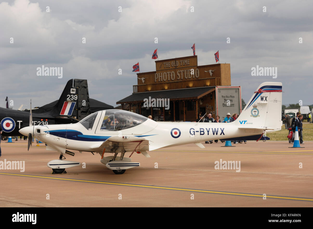 Royal Air Force RAF Grob G-115E Tutor T-1 and tail-fin of Short Tucano ...