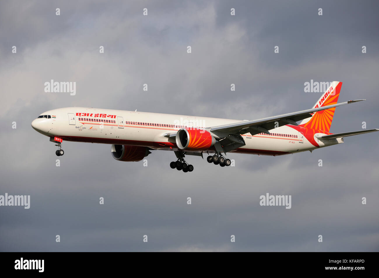 Air India Boeing 777-300ER flying on final-approach to Heathrow Stock ...