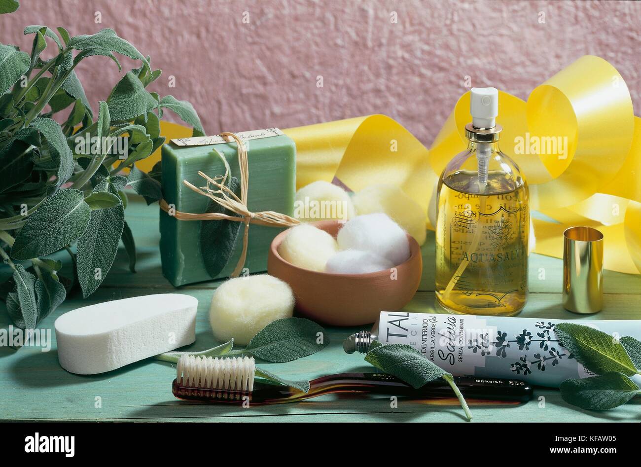 Still life, Cosmetics based on sage, soap, toothpaste Stock Photo - Alamy