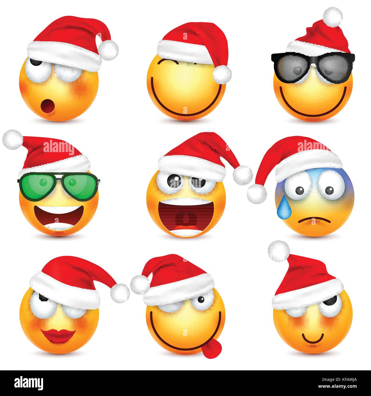 Smiley,emoticon set. Yellow face with emotions and Christmas hat. New ...