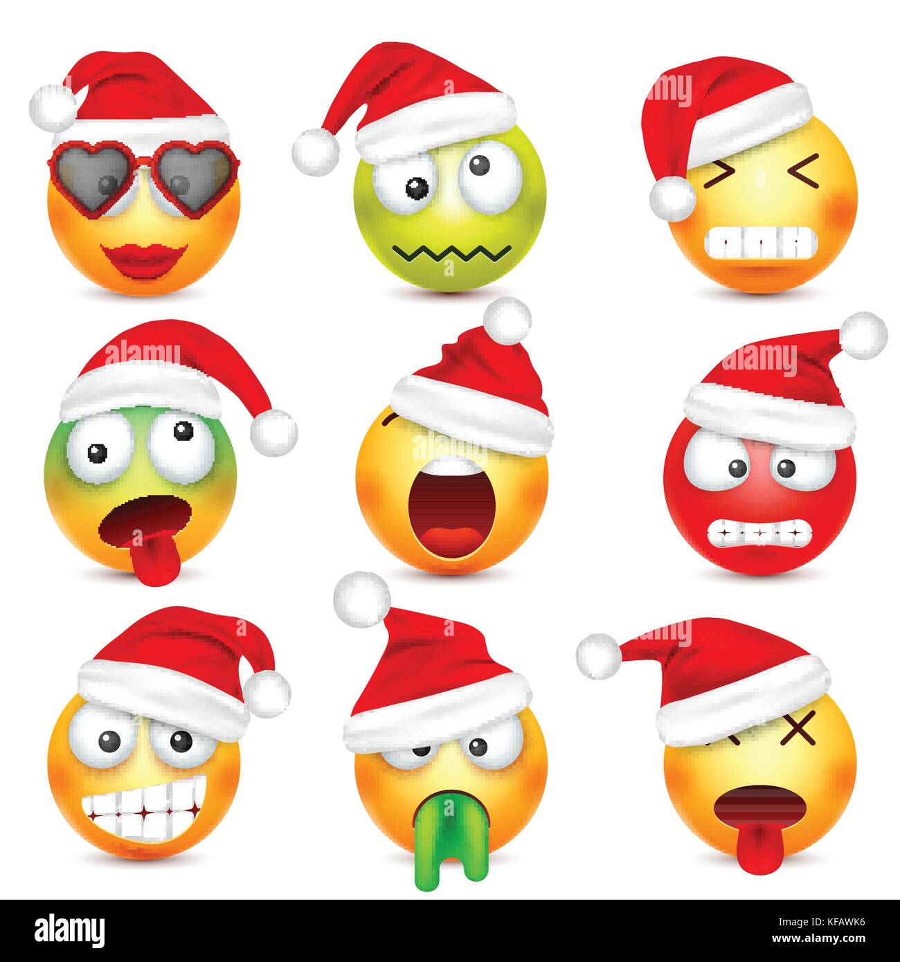 Smiley,emoticon set. Yellow face with emotions and Christmas hat. New ...