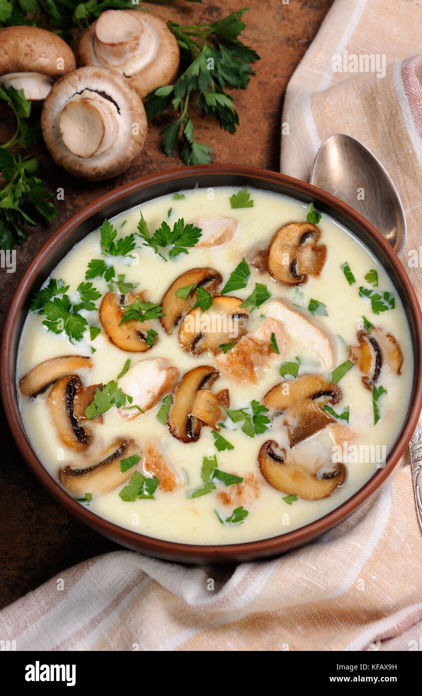 Delicate soup puree from champignons and chicken with herbs Stock Photo ...