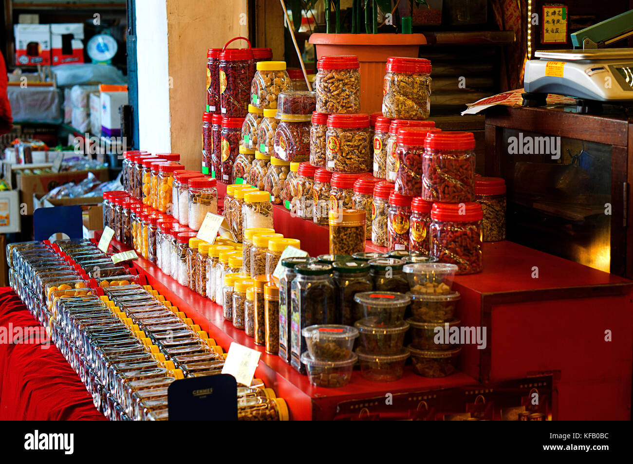 Traditional herbs in jars on street stall in Chinatown, Singapore Stock ...