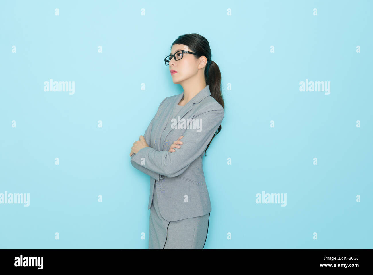 seriously young manager woman thinking company problem solution and ...