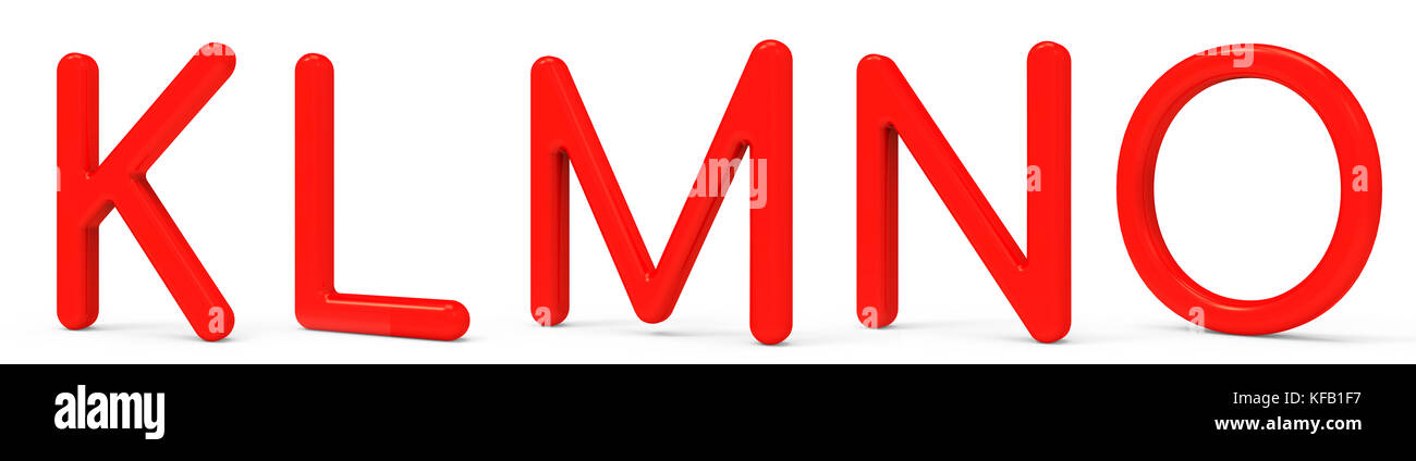 Red plastic font set, letter K, L, M, N, O isolated on white background ...