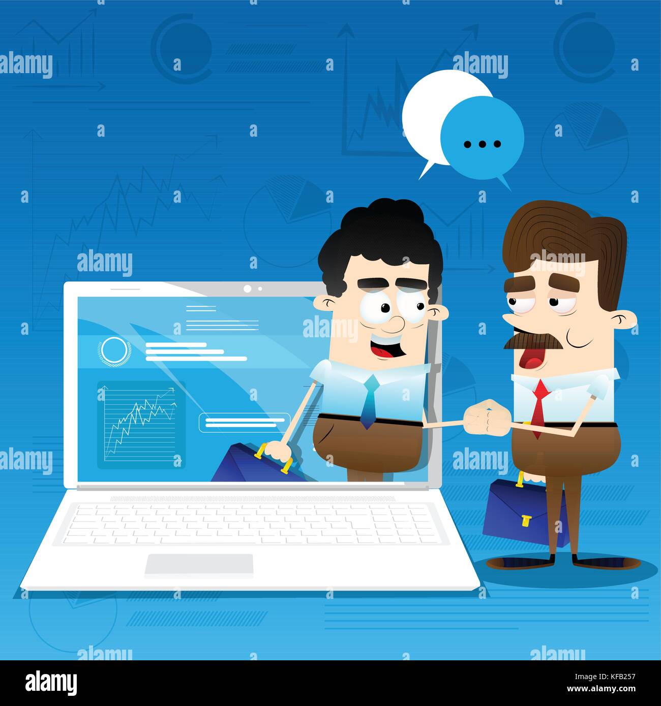 Cartoon businessmen shaking hands through the screen. Concept of global ...