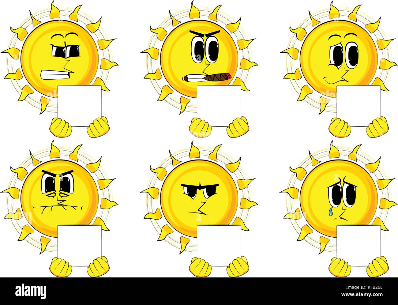 Cartoon sun holding white box. Collection with sad faces. Expressions ...