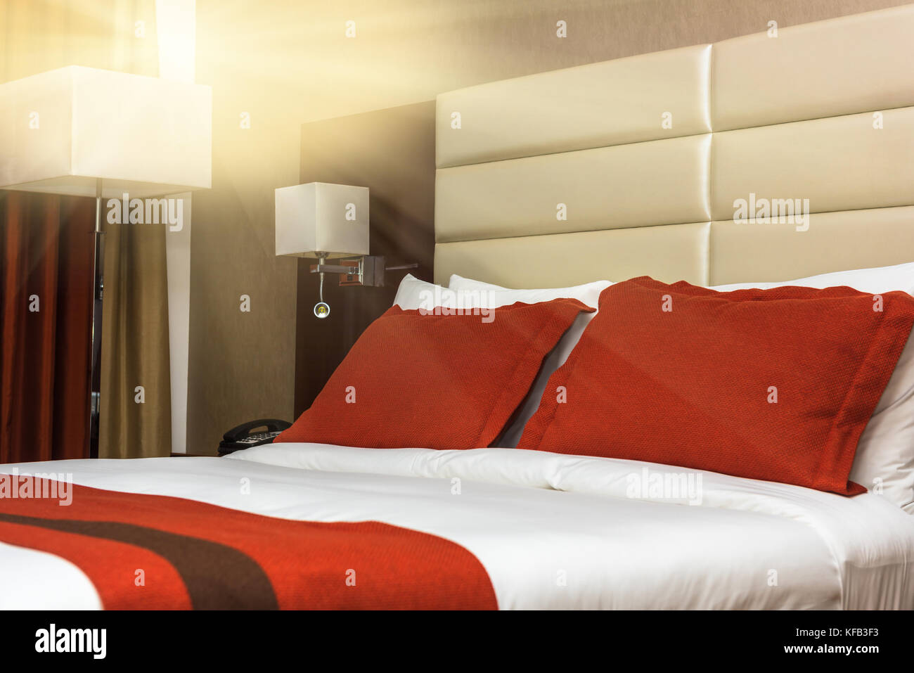 Hotel room with a prepared fresh bed Stock Photo - Alamy