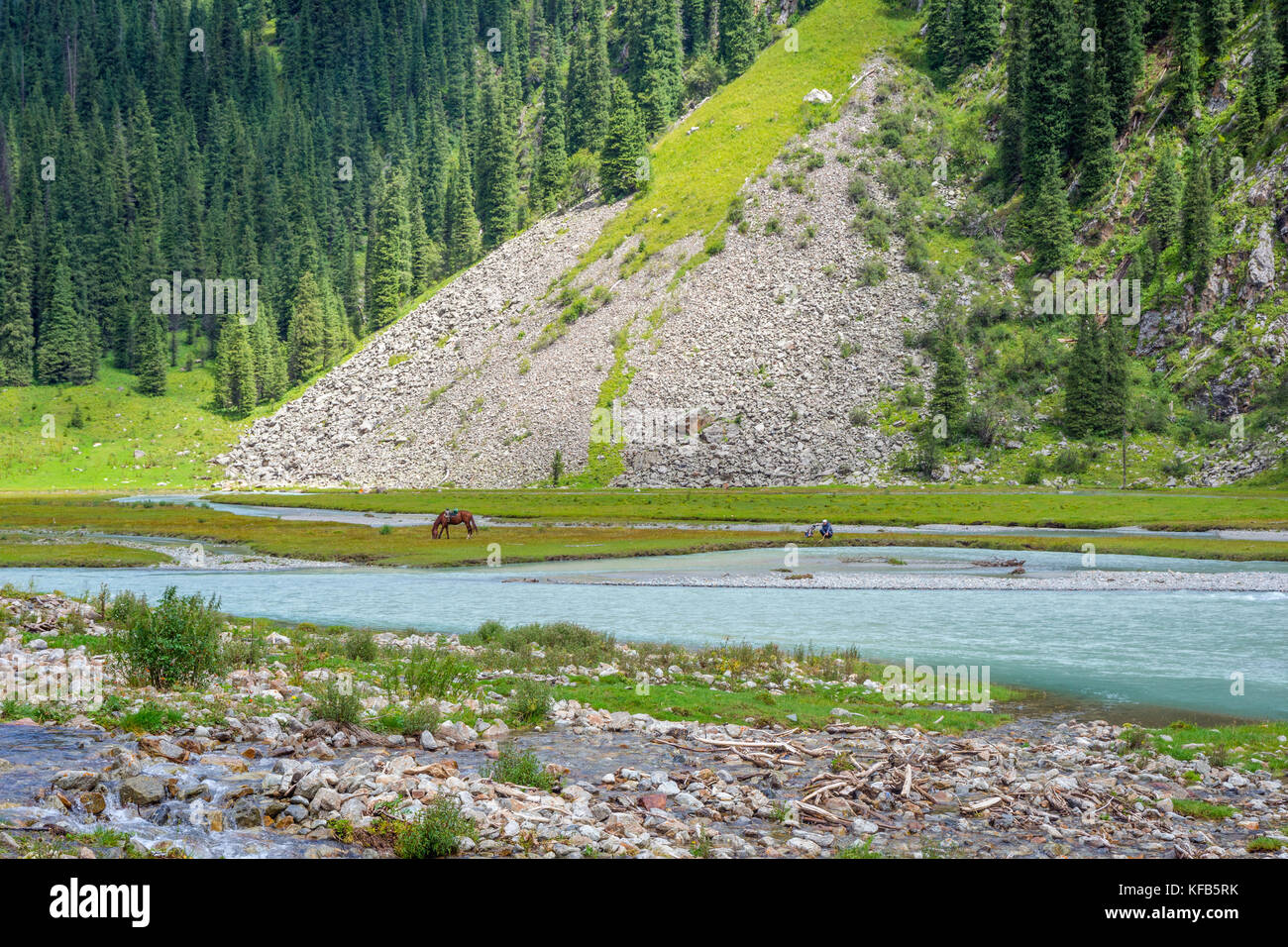 Lake and trees reflection in Karakol national park, Kyrgyzstan Stock ...