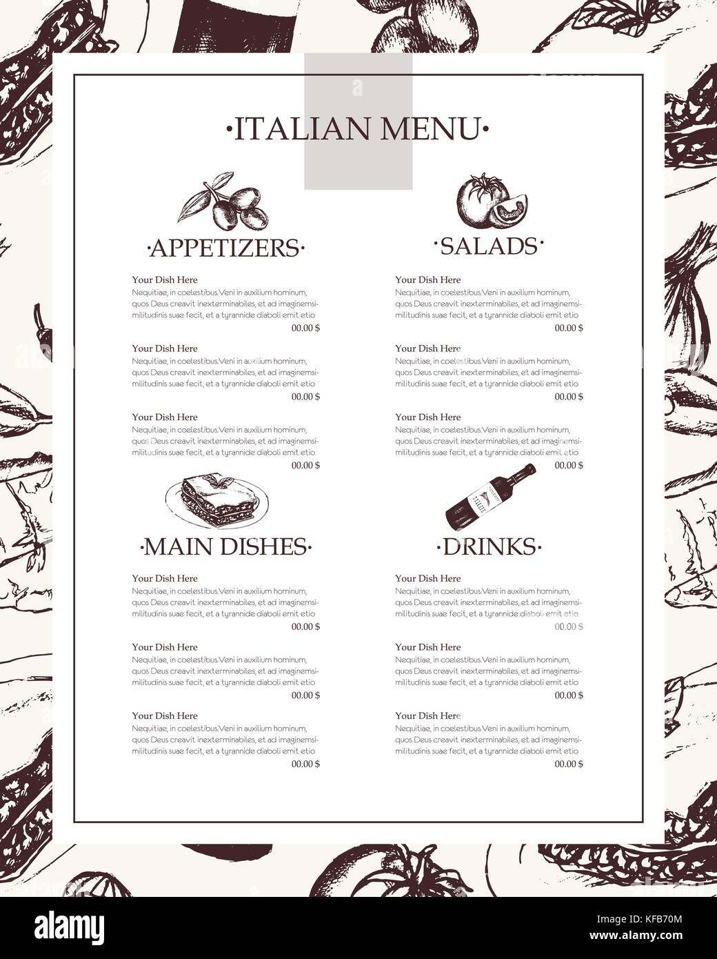 Italian Menu - color vector hand drawn composite menu with copyspace ...
