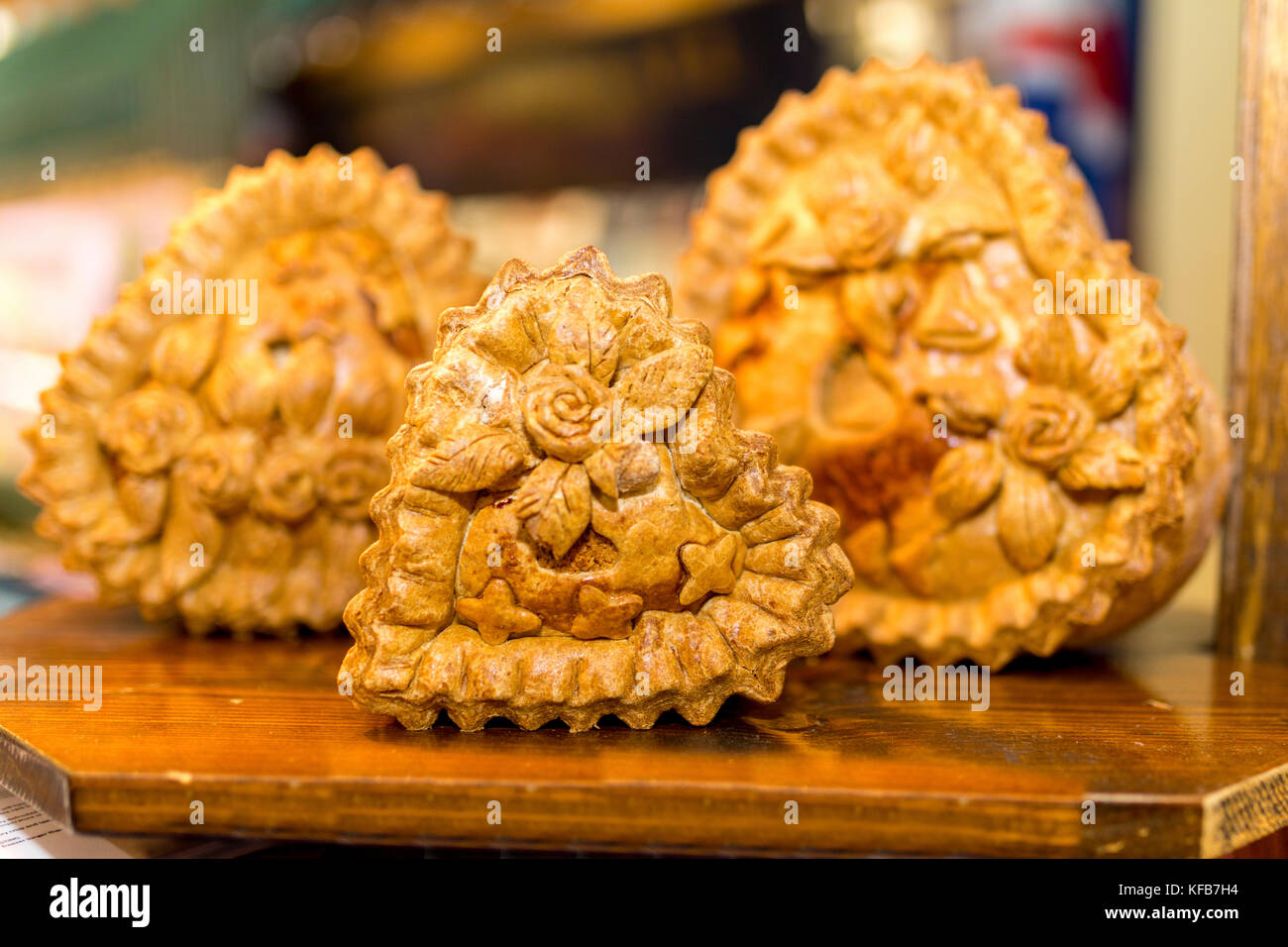 Prize winning pork pie display with beautiful ornate crusty pastry ...