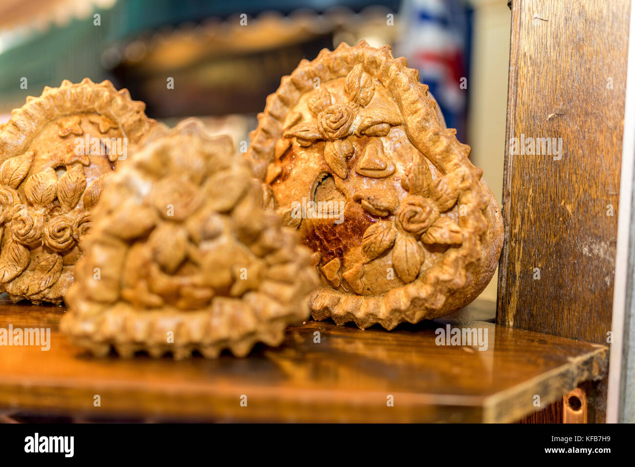 Prize winning pork pie display with beautiful ornate crusty pastry ...