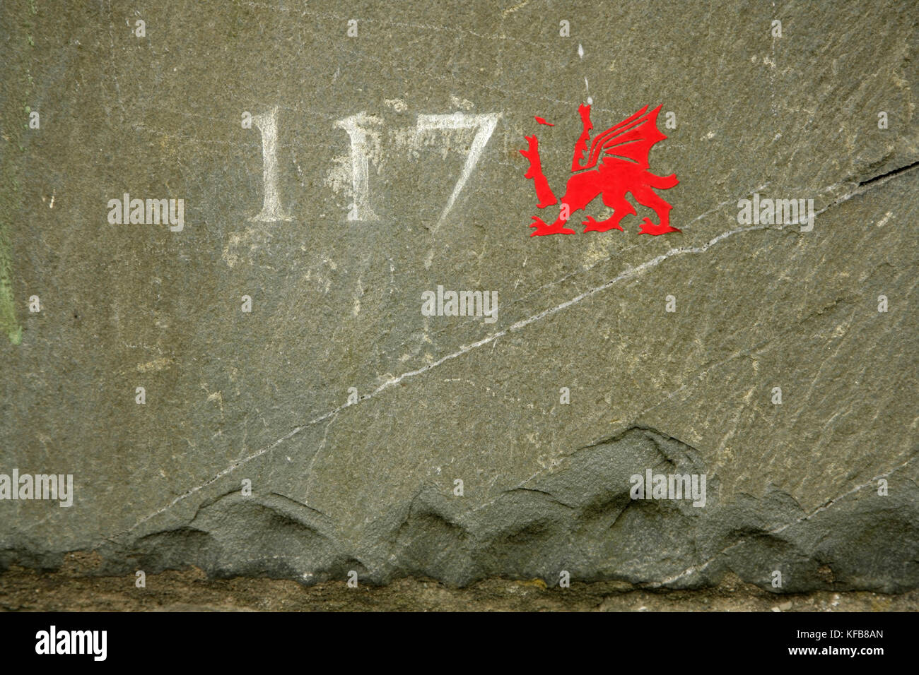 House number 117 etched into slate, with headless Welsh dragon Stock ...