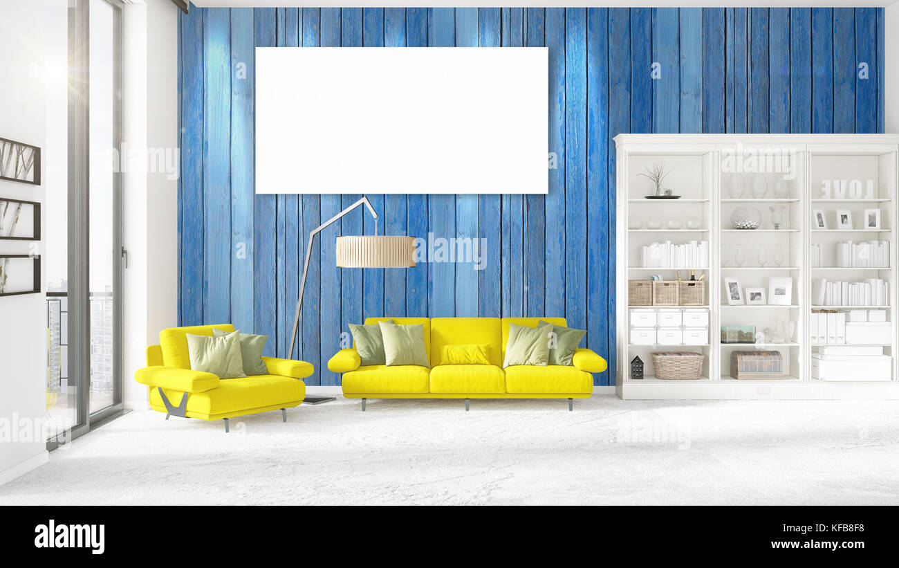 Modern interior in vogue with yellow couch, vertical empty frame and ...