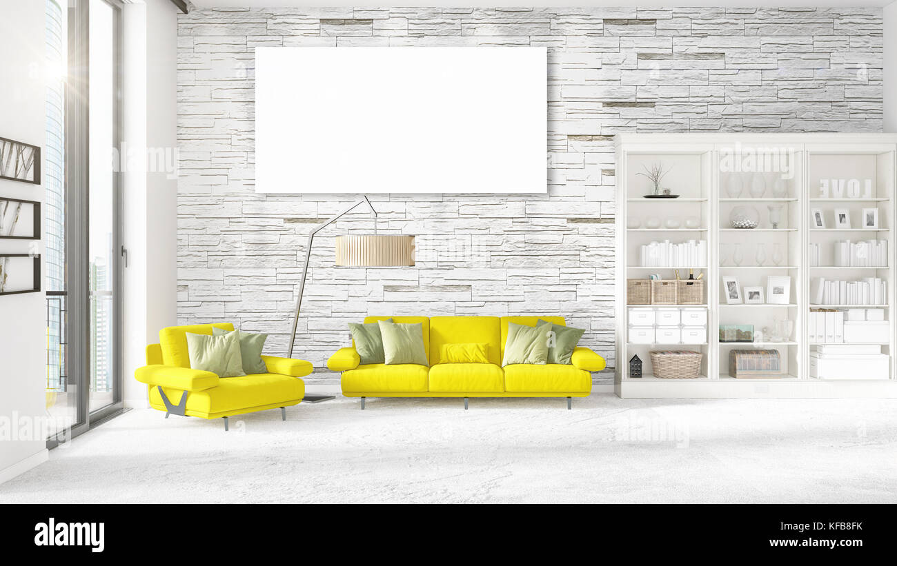 Modern interior in vogue with yellow couch, vertical empty frame and ...