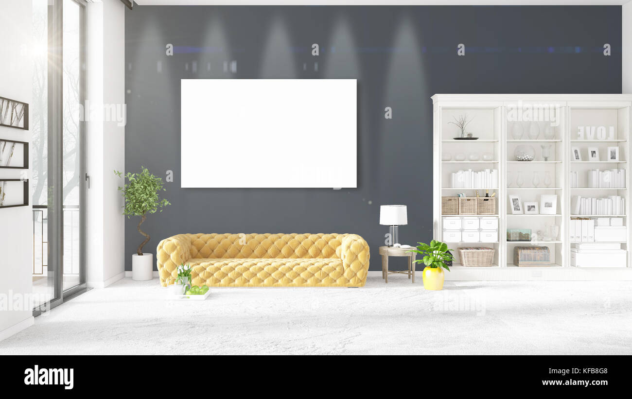 Modern interior in vogue with yellow couch, vertical empty frame and ...