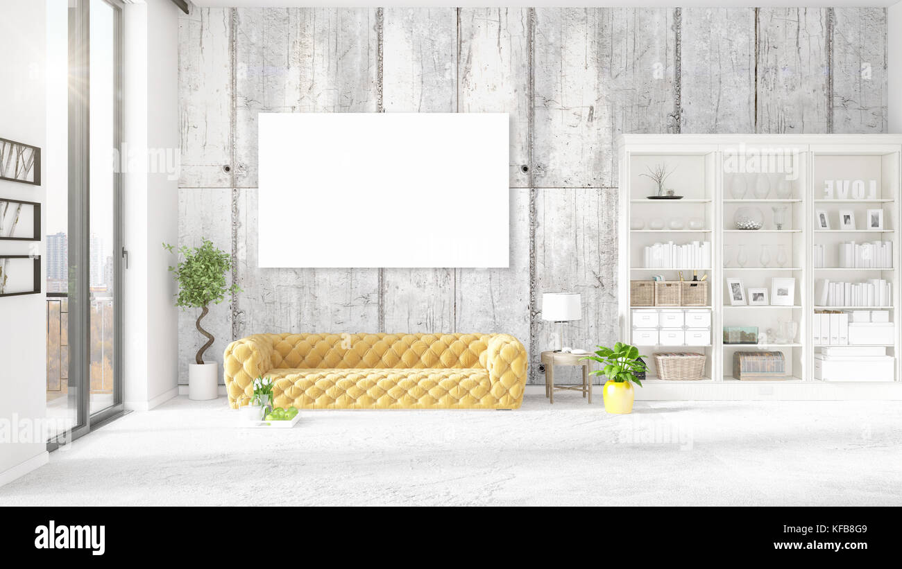 Modern interior in vogue with yellow couch, vertical empty frame and ...