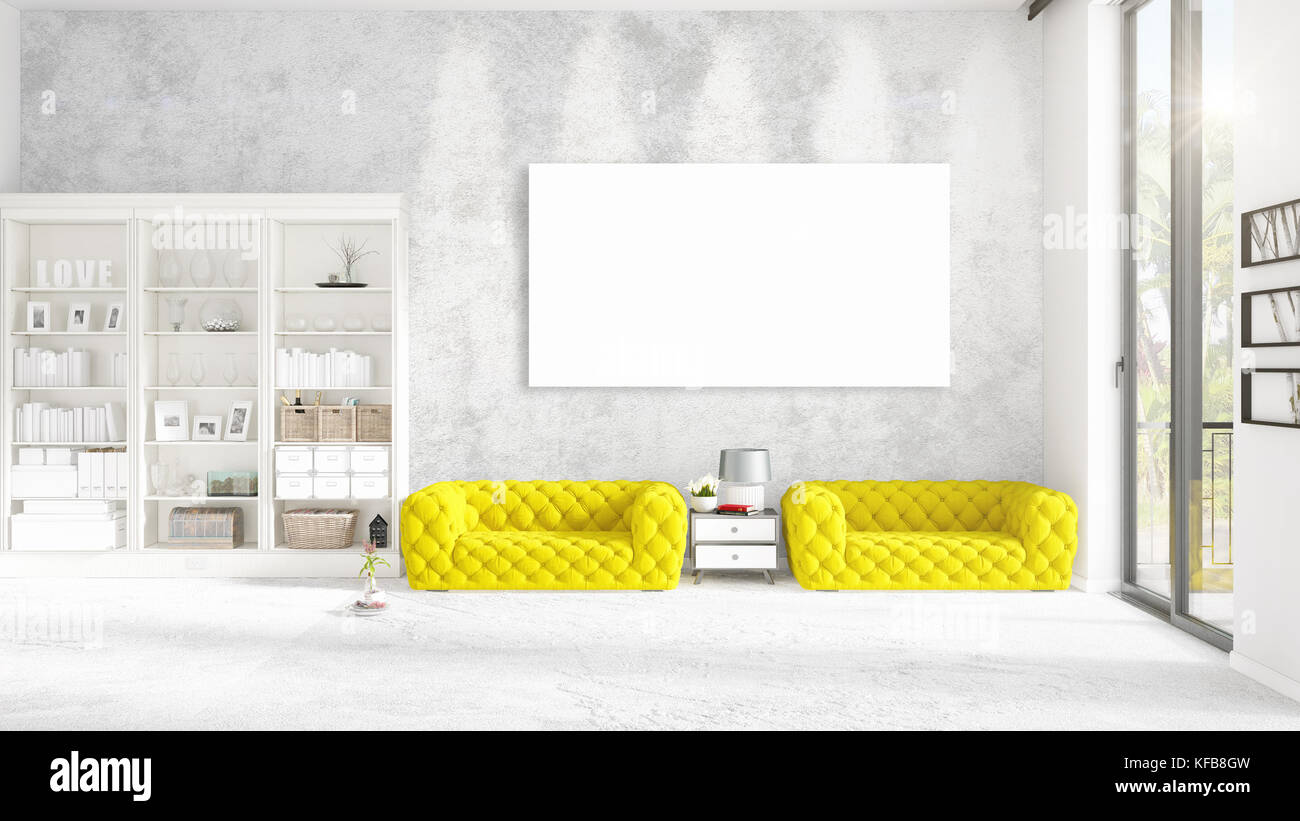 Modern interior in vogue with yellow couch, vertical empty frame and ...