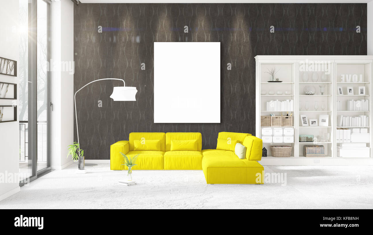 Modern interior in vogue with yellow couch, vertical empty frame and ...