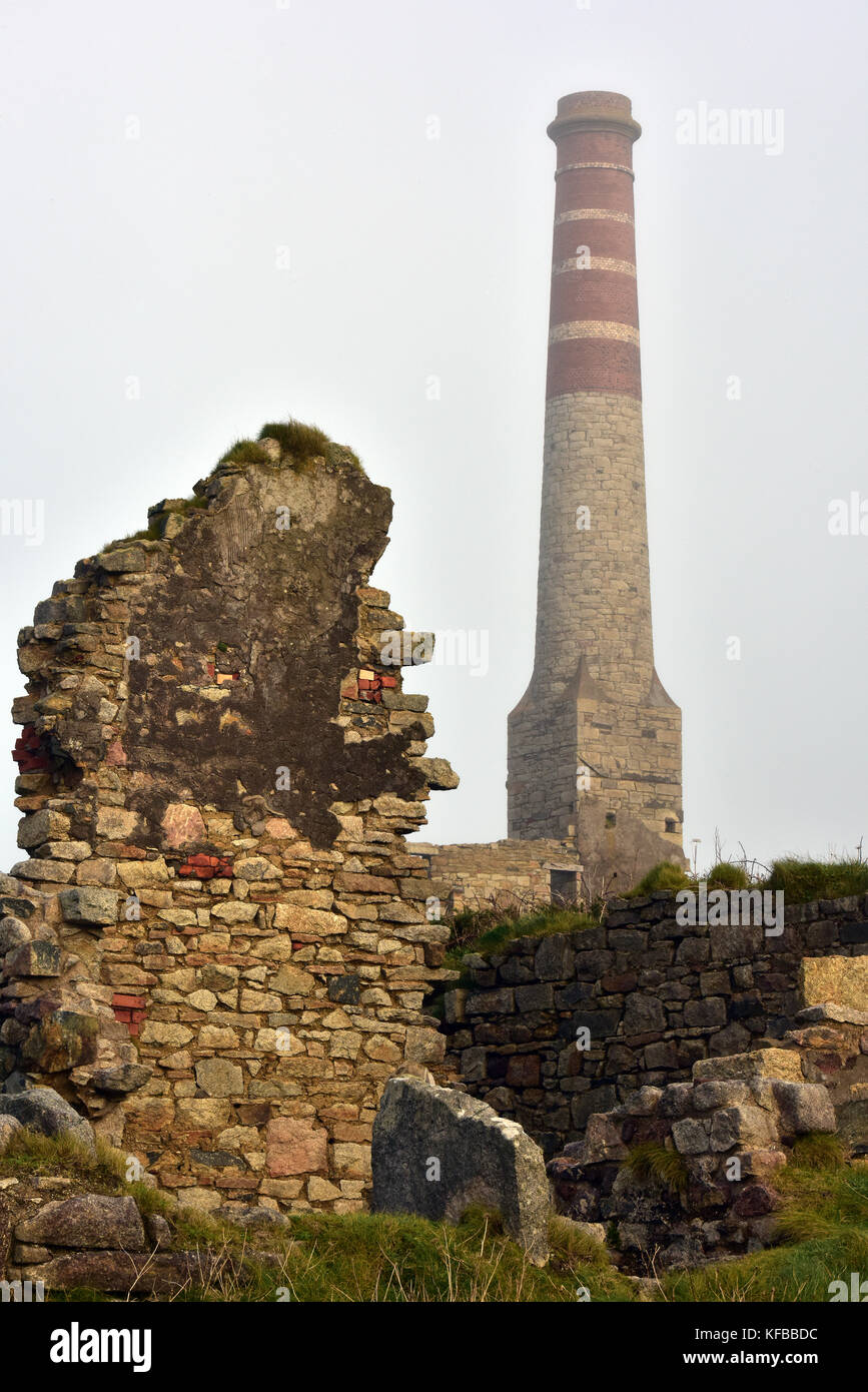 The remains or ruins of a cornish tin mining engine house on the coast ...