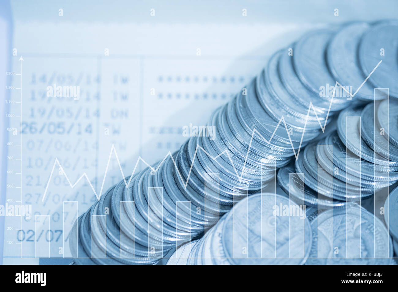 Stacks of coins and account book or credit card with copy space ...