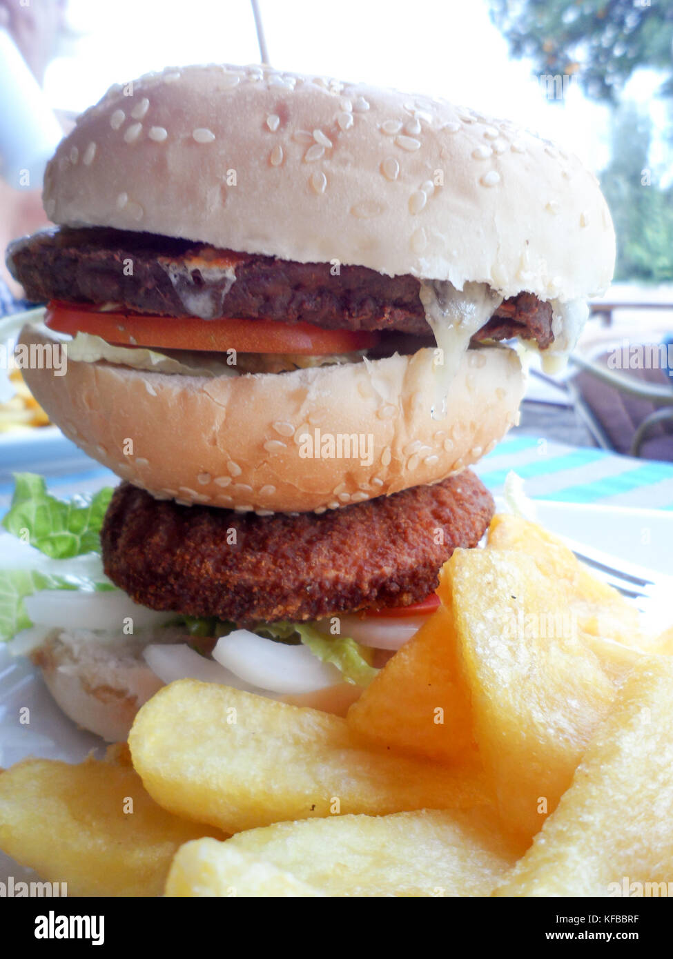Double Cheeseburger stack with salad and potato chips/fries, Marmaris ...