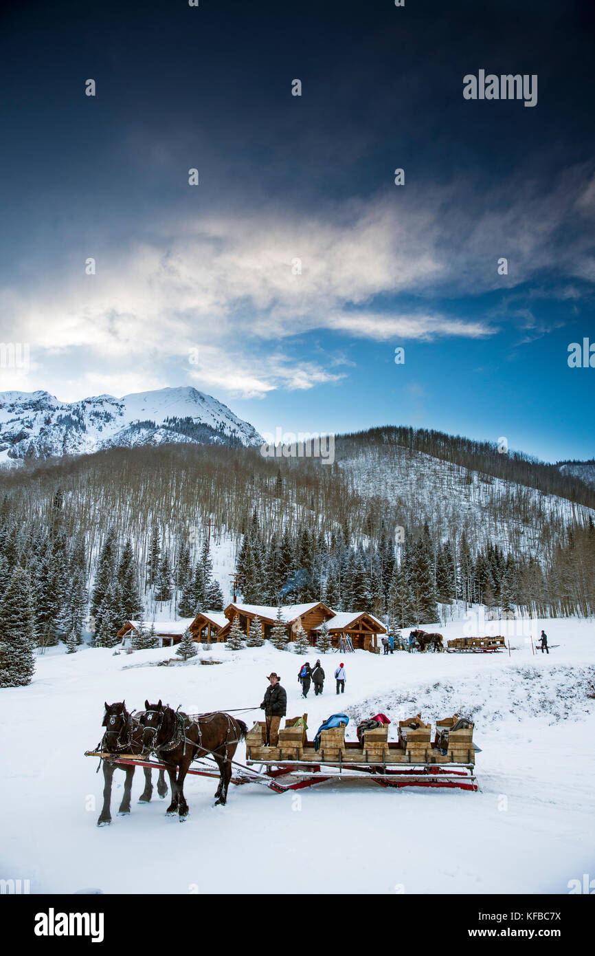 USA, Colorado, Aspen, following a sleigh ride dinner guests are dropped ...