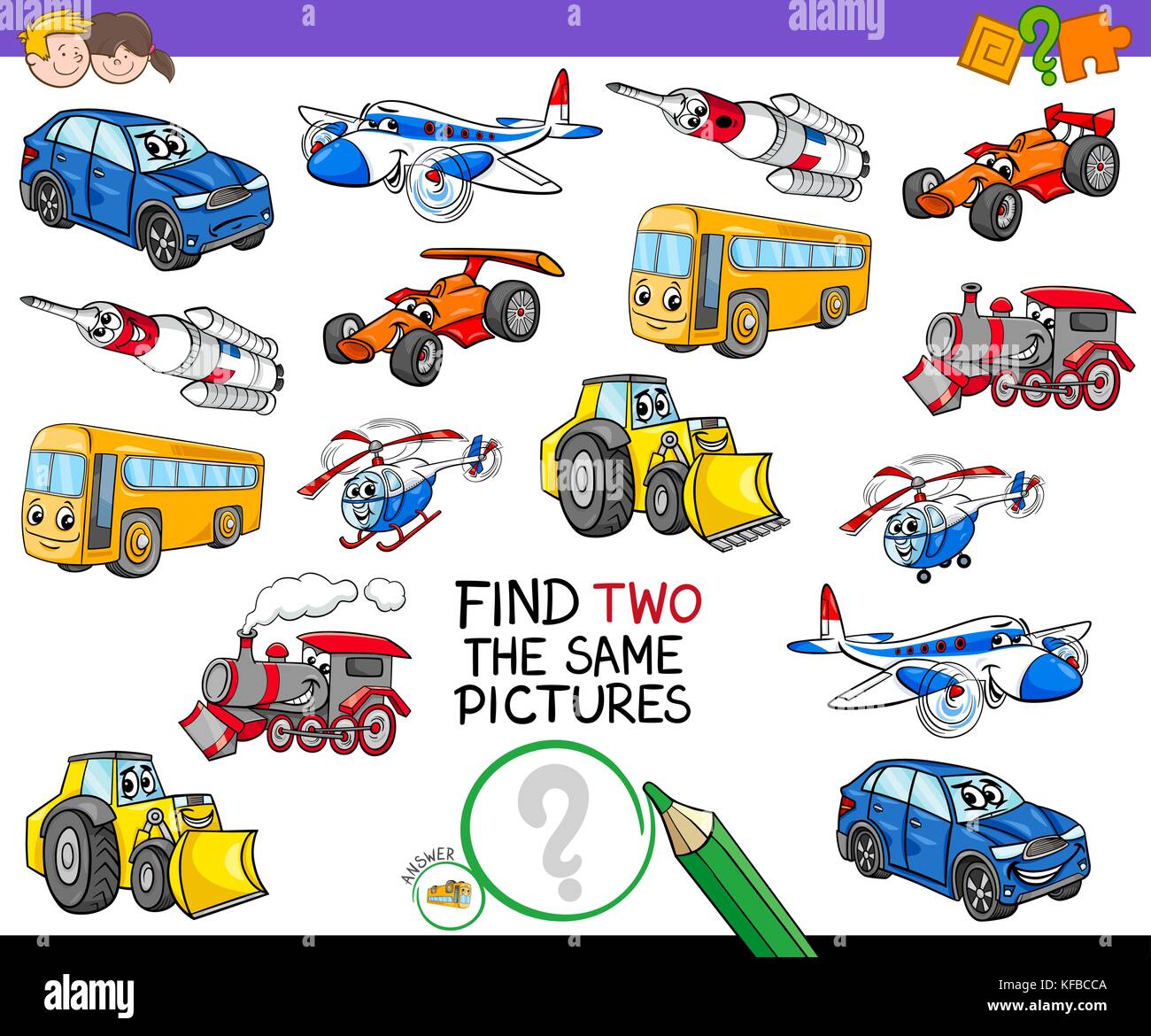 Cartoon Illustration of Finding Two Identical Pictures Educational Game ...