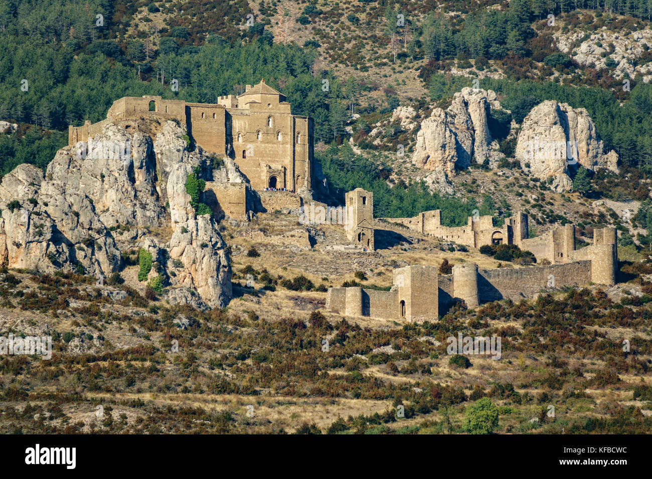 Medieval castle of Loarre over the rocks with surrounding wall Stock ...