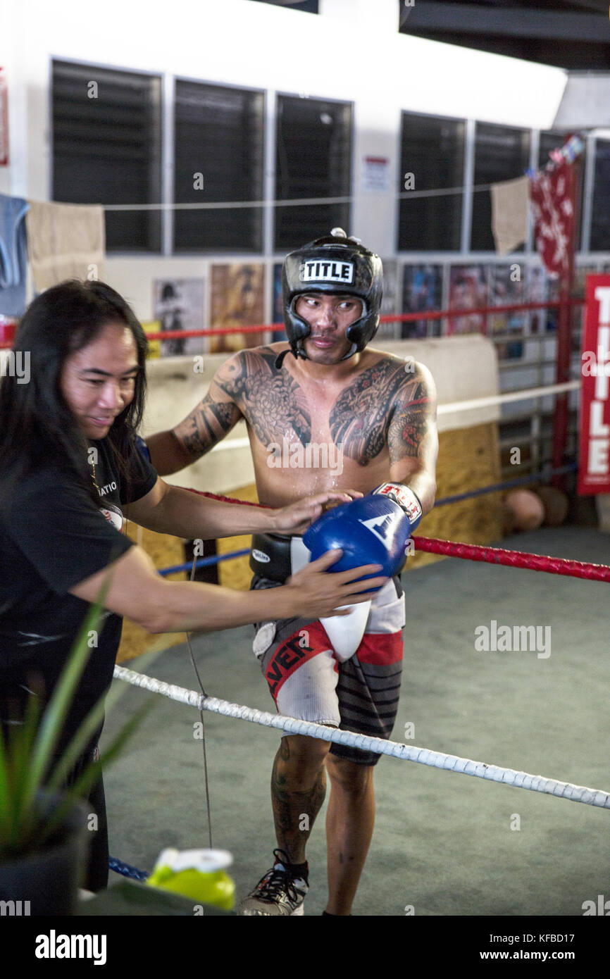USA, Oahu, Hawaii, portrait of professional boxer Mike Balasi in a ...