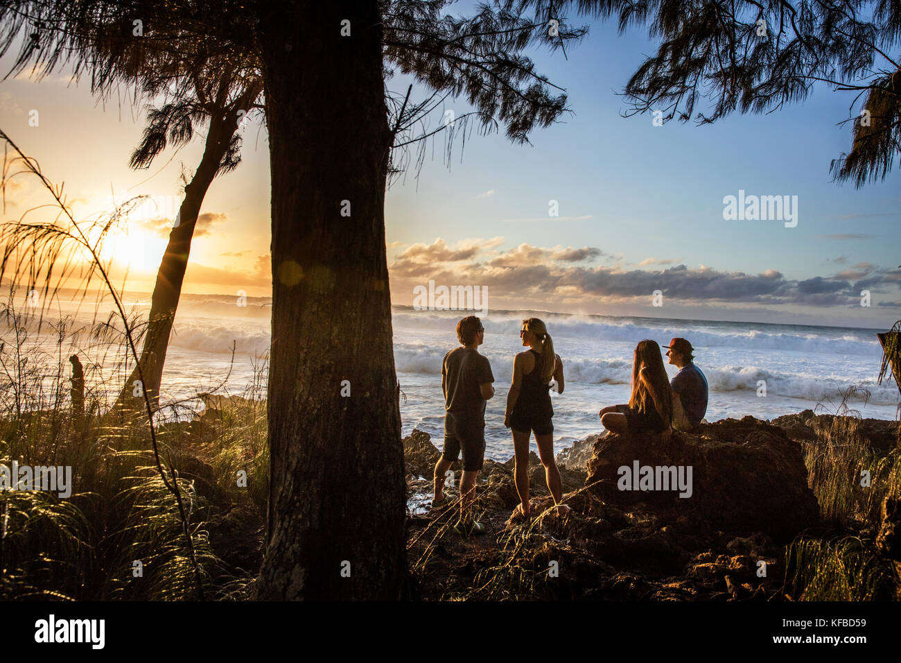 HAWAII, Oahu, North Shore, bystanders watch a big swell roll in at ...