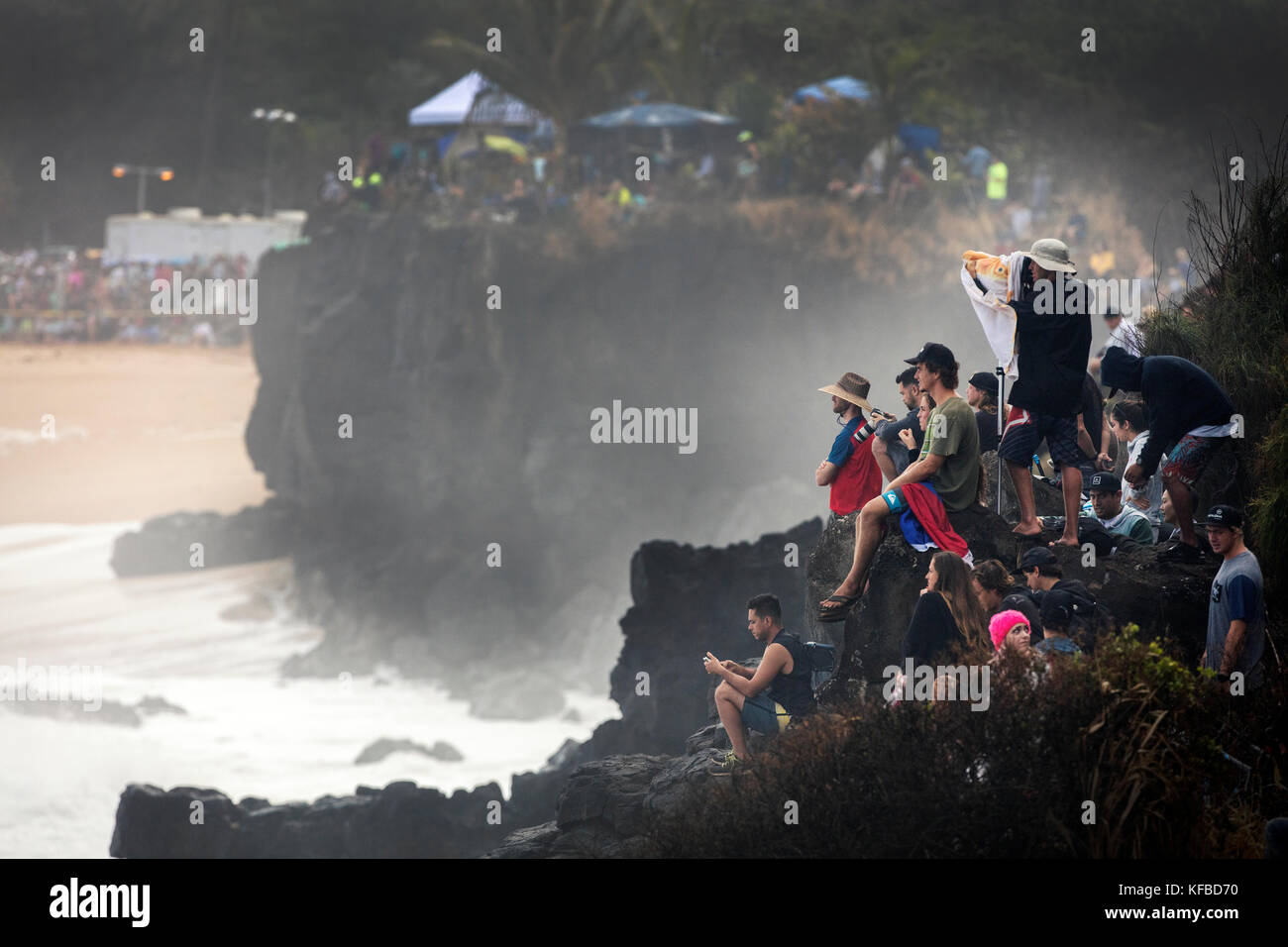 HAWAII, Oahu, North Shore, Eddie Aikau, 2016, spectators watching the ...
