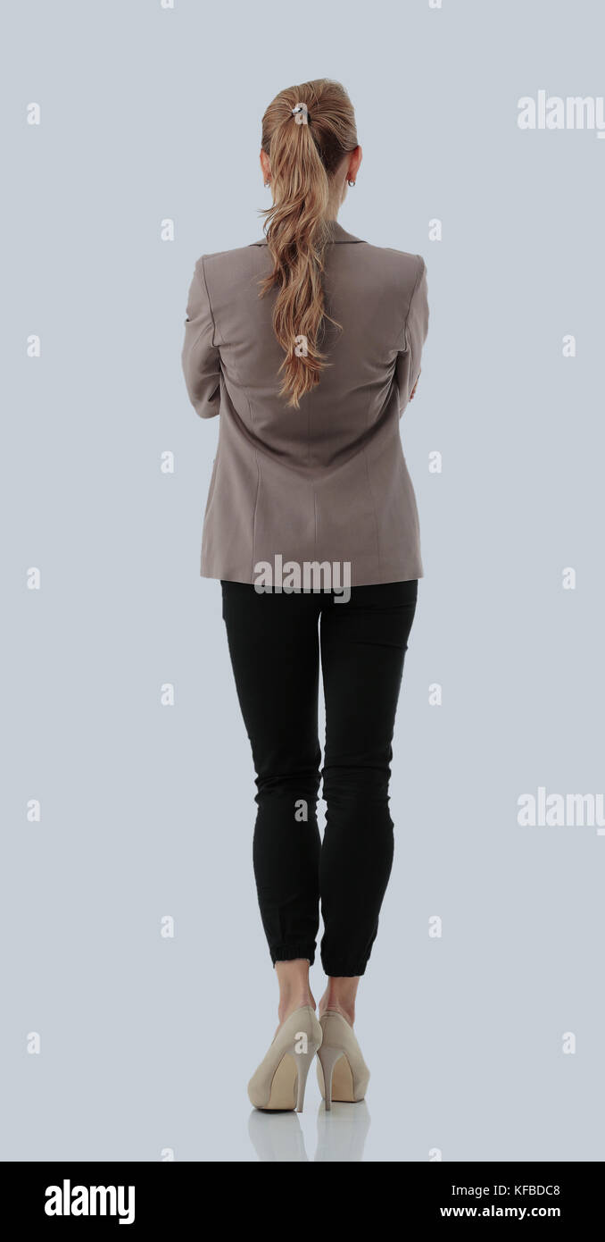 Business woman stand back side with white wall background Stock Photo ...