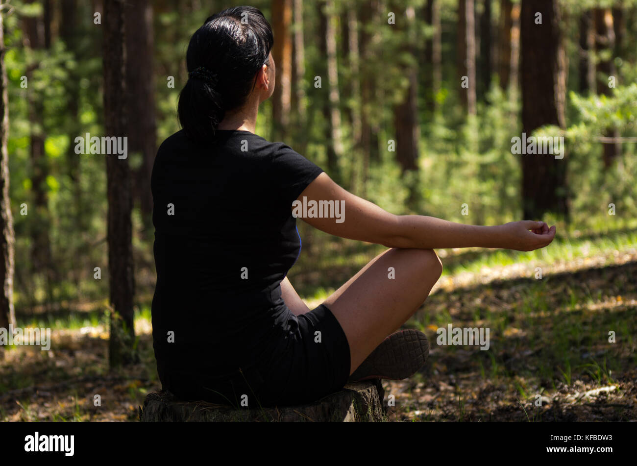 Woman meditates in the summer forest sitting on a tree stump on a ...