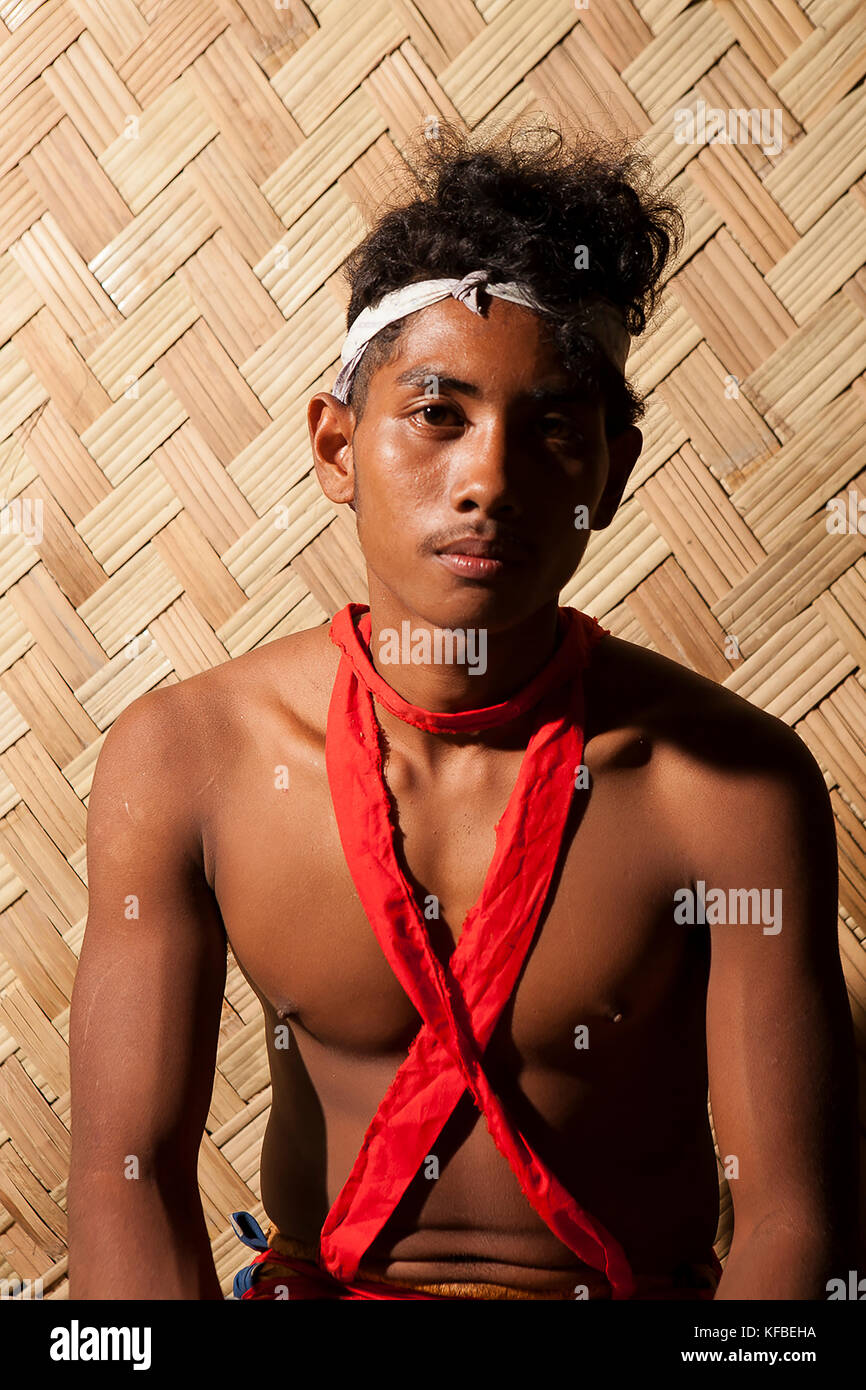 PHILIPPINES, Palawan, Barangay region, portrait of a Batak dancer named ...