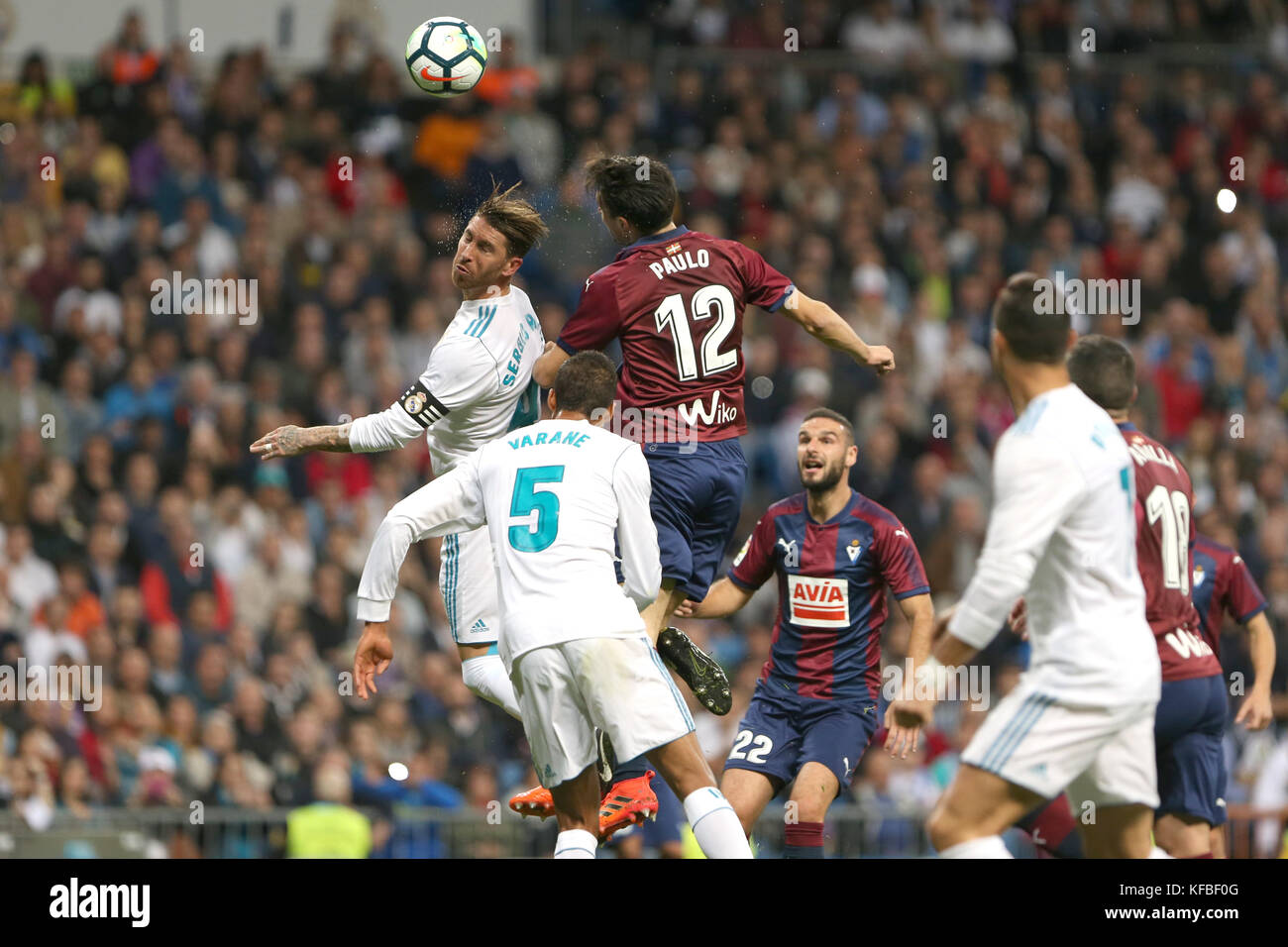 MADRID, SPAIN. October 22, 2017 - Sergio Ramos heads the ball. Real ...