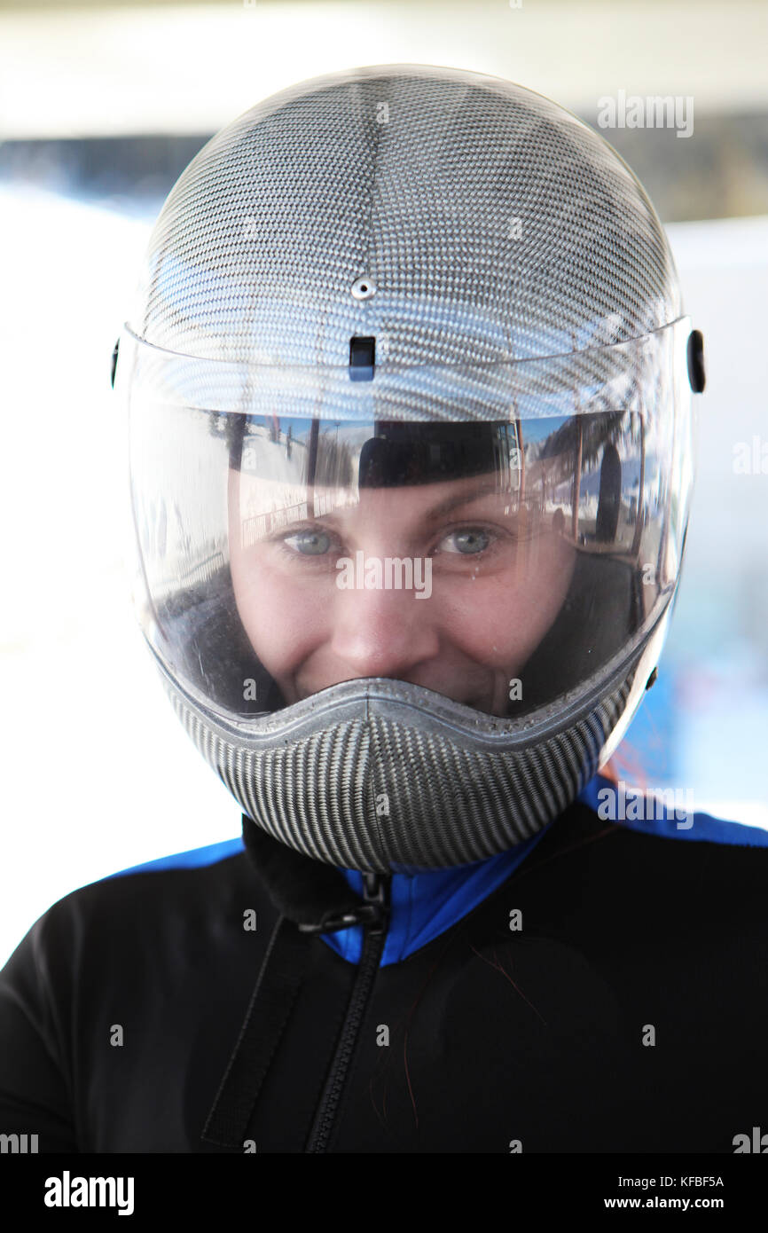 USA, Utah, Park City, portrait of a skeleton racer at Utah Olympic Park ...