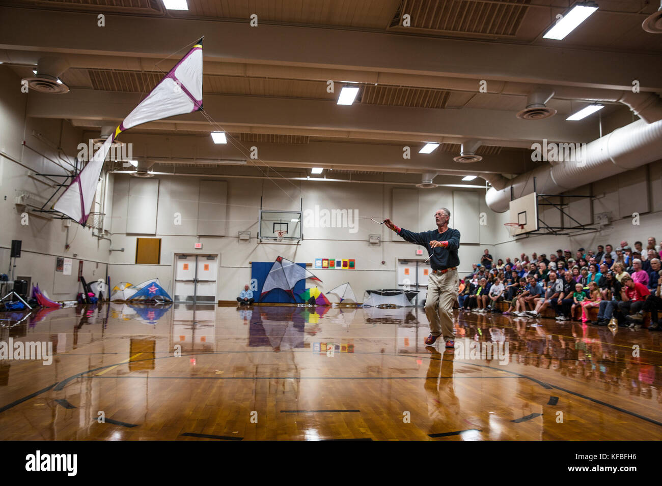 USA, Washington State, Long Beach Peninsula, indoor kite flying ...