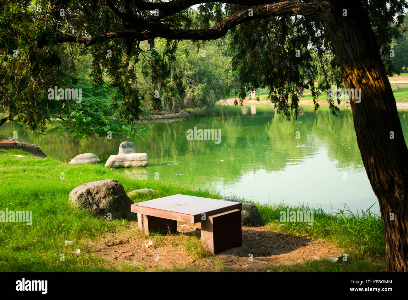 banch near by lake Stock Photo - Alamy