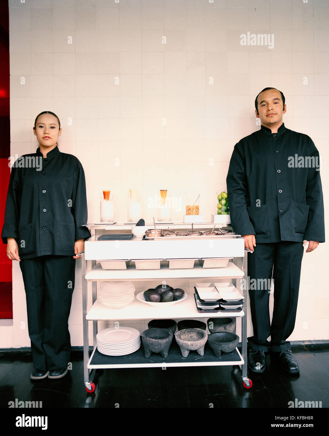 MEXICO, Mexico City, W Hotel, waiters standing by the guacamole cart ...
