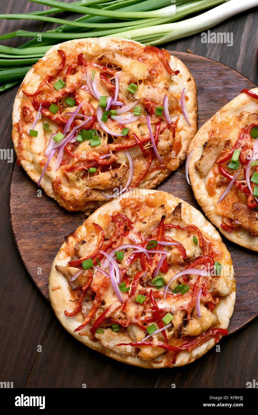 Homemade pizza with chicken meat and vegetables, top view Stock Photo ...