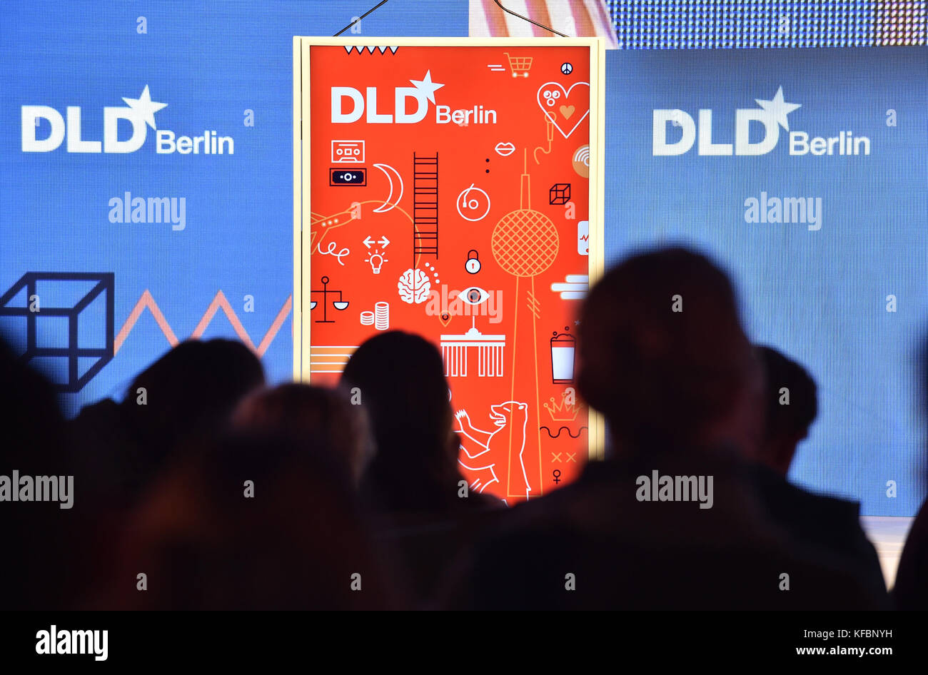 BERLIN/GERMANY - OCTOBER 26: A display with DLD logo and graphics, seen ...