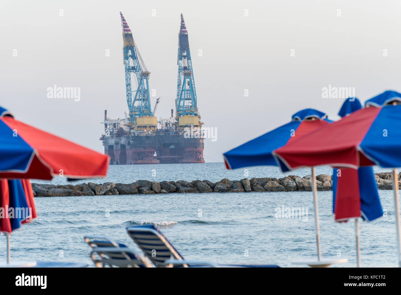 Larnaca bay, Cyprus. 27th October, 2017. CTO beach view of oil and gas ...