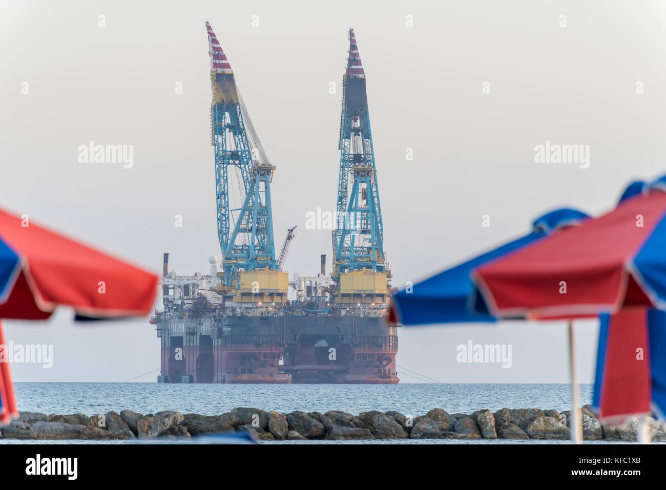 Larnaca bay, Cyprus. 27th October, 2017. CTO beach view of oil and gas ...