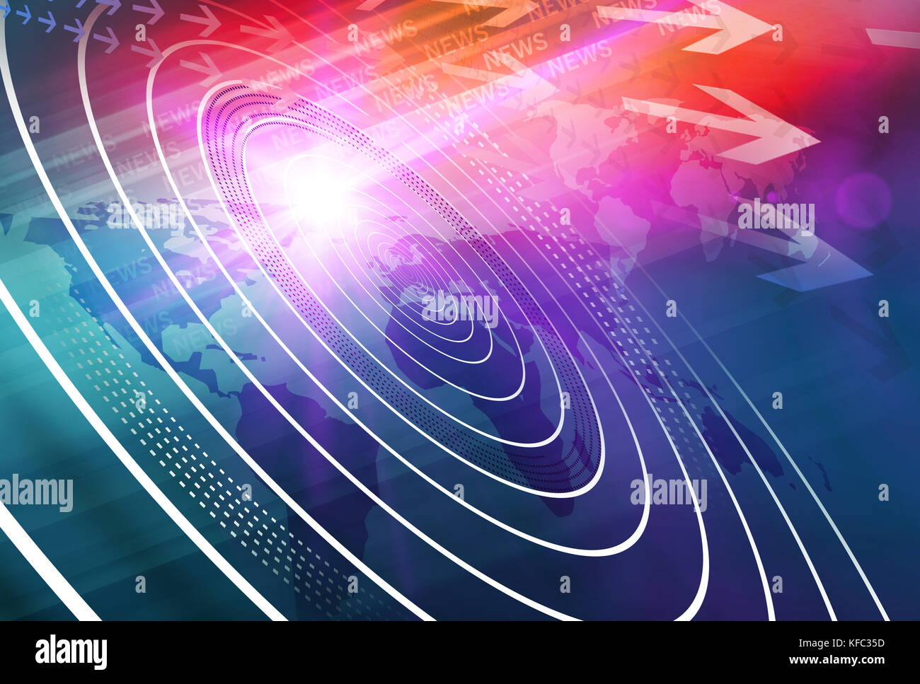 Graphical digital news background with world map and concentric waves ...