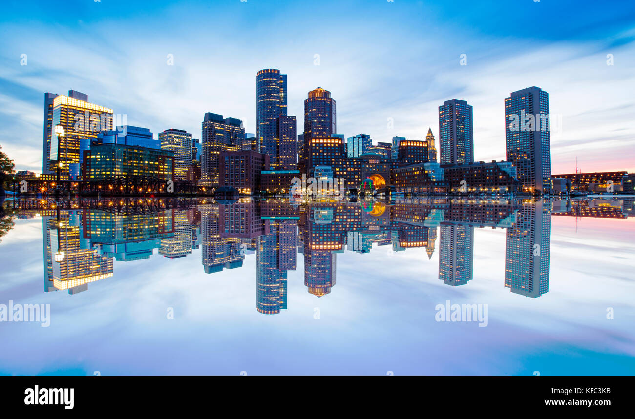 Boston Skyline reflection from Downtown Harborwalk Stock Photo - Alamy