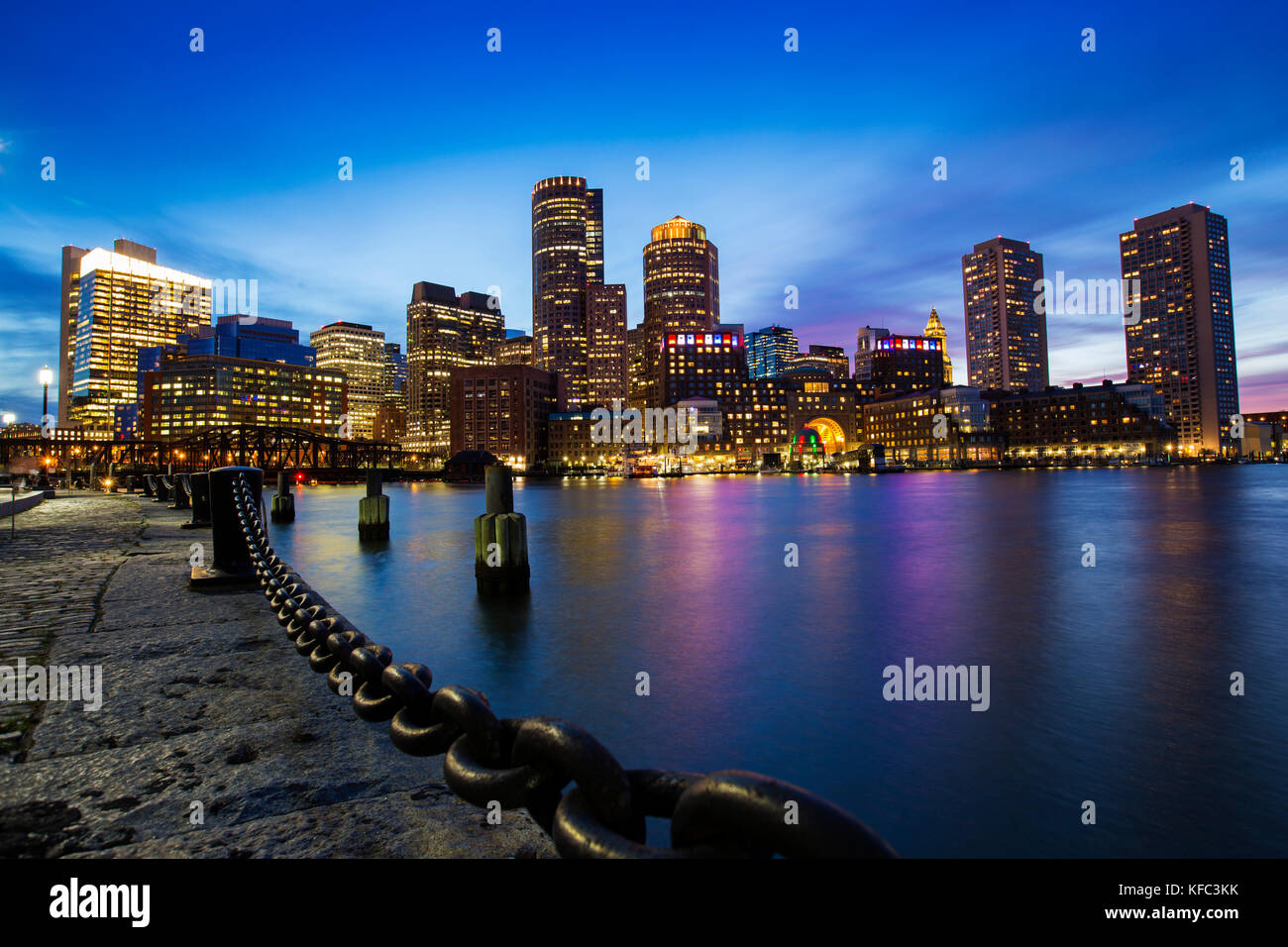 Boston Skyline reflection from Downtown Harborwalk Stock Photo - Alamy