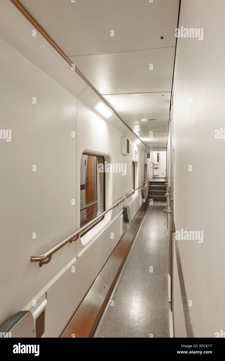Sleeper wagon train corridor indoor. First floor. Transportation ...