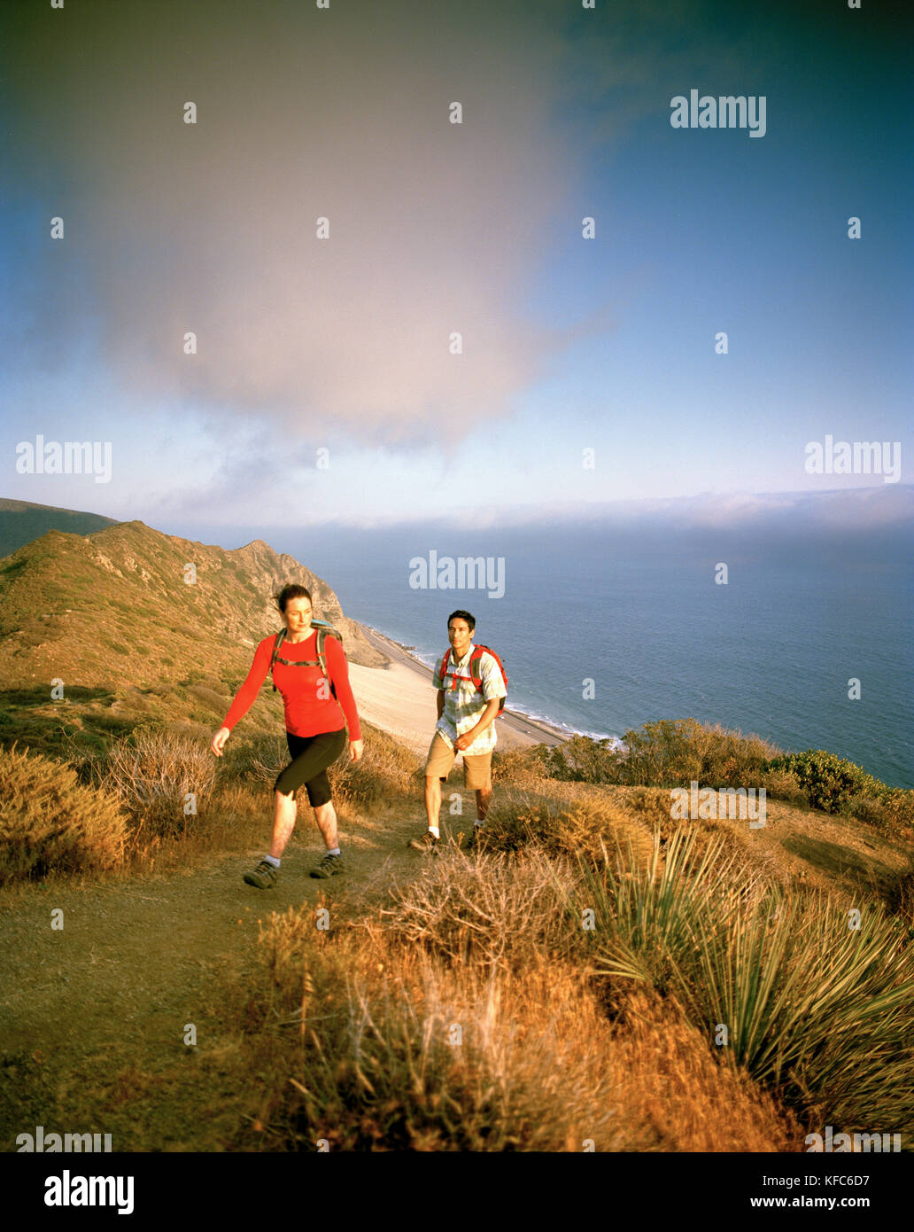 USA, California, Malibu, hiking the coastal Chumash Trail above the ...