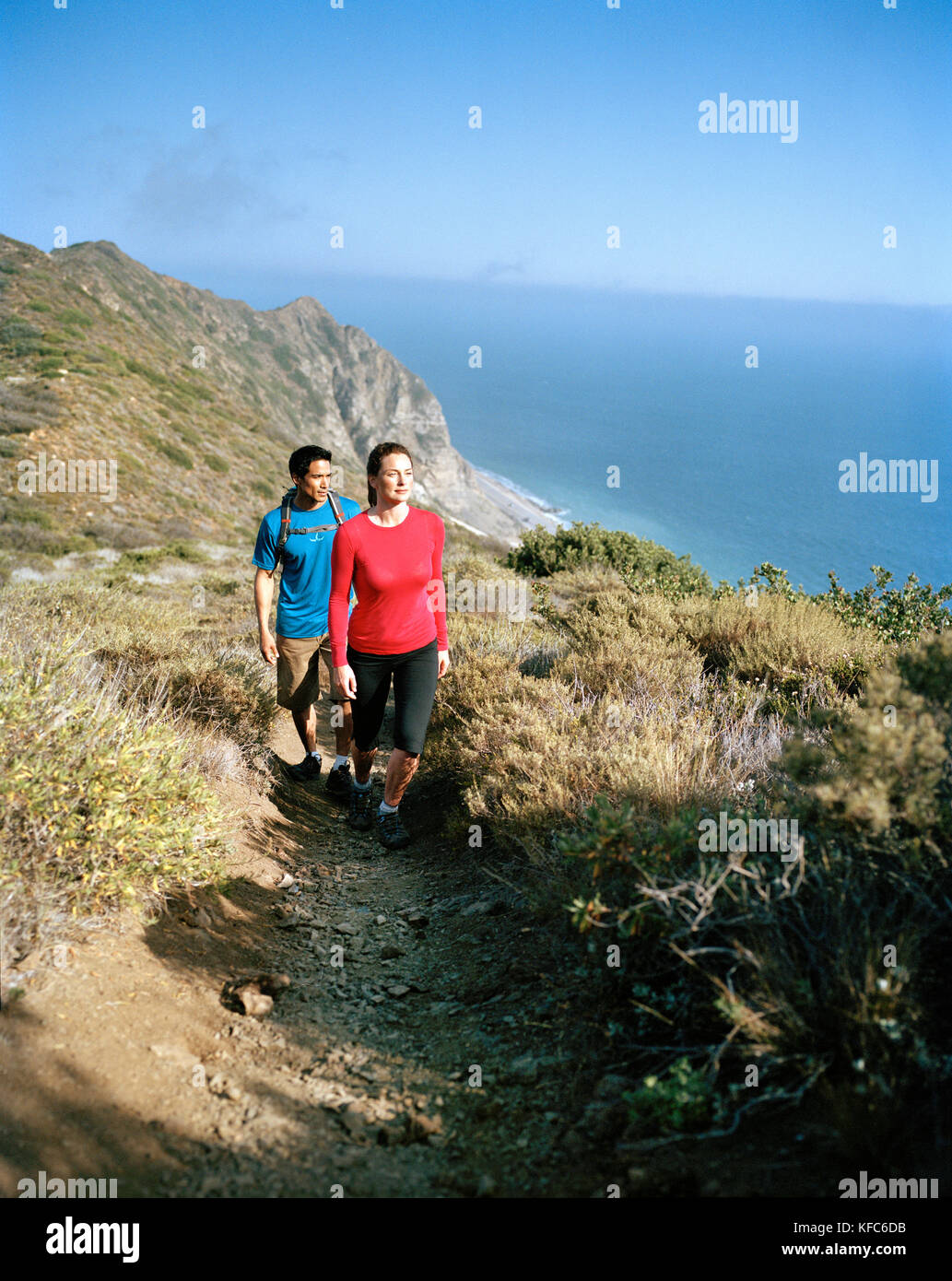 USA, California, Malibu, hiking the coastal Chumash Trail above the ...